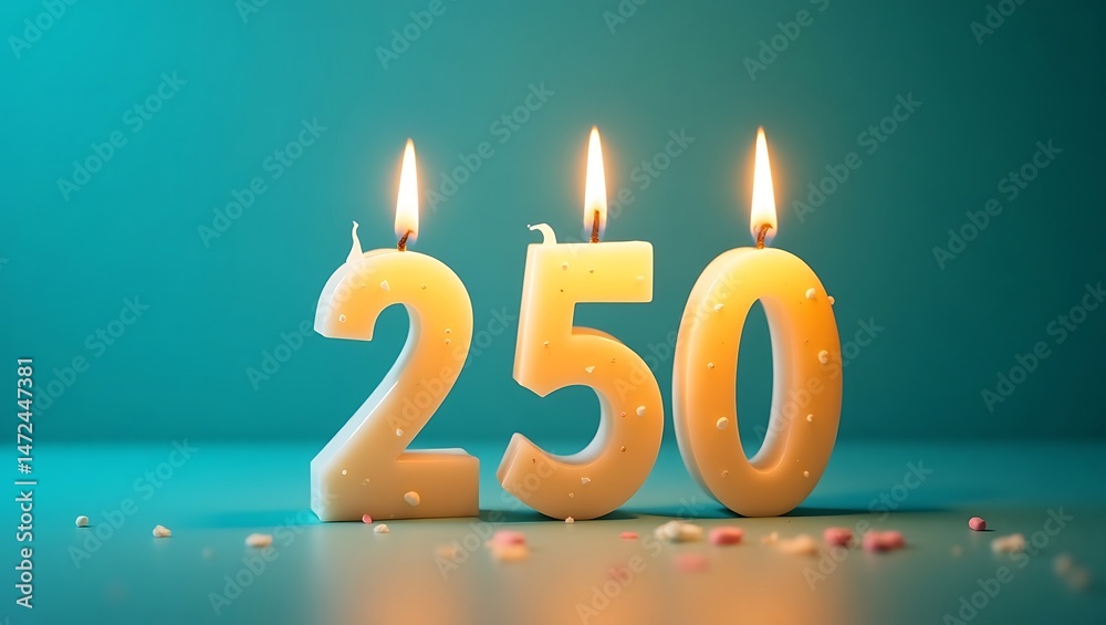 Birthday 250 candle number design with glowing flames and pastel ...
