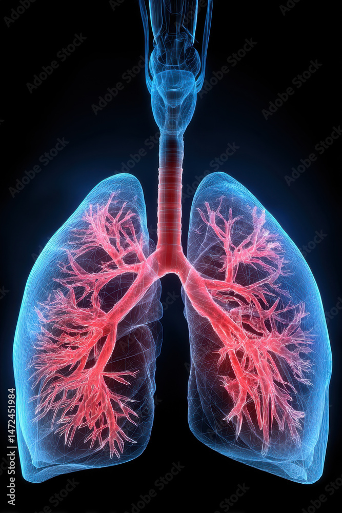 Human lungs with bronchial tree highlighted in red, showing detailed ...