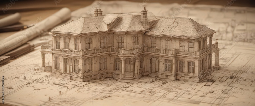 Architectural blueprint mockup with faded photo overlay on aged paper ...