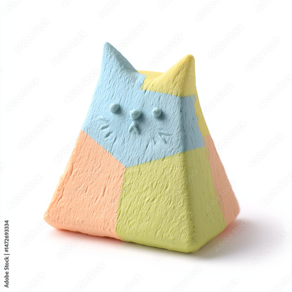 Pastel plasticine cat shaped like a square pyramid on white background ...