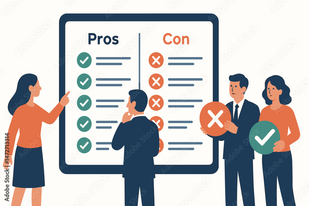 Flat vector illustration showing business people in a meeting comparing ...