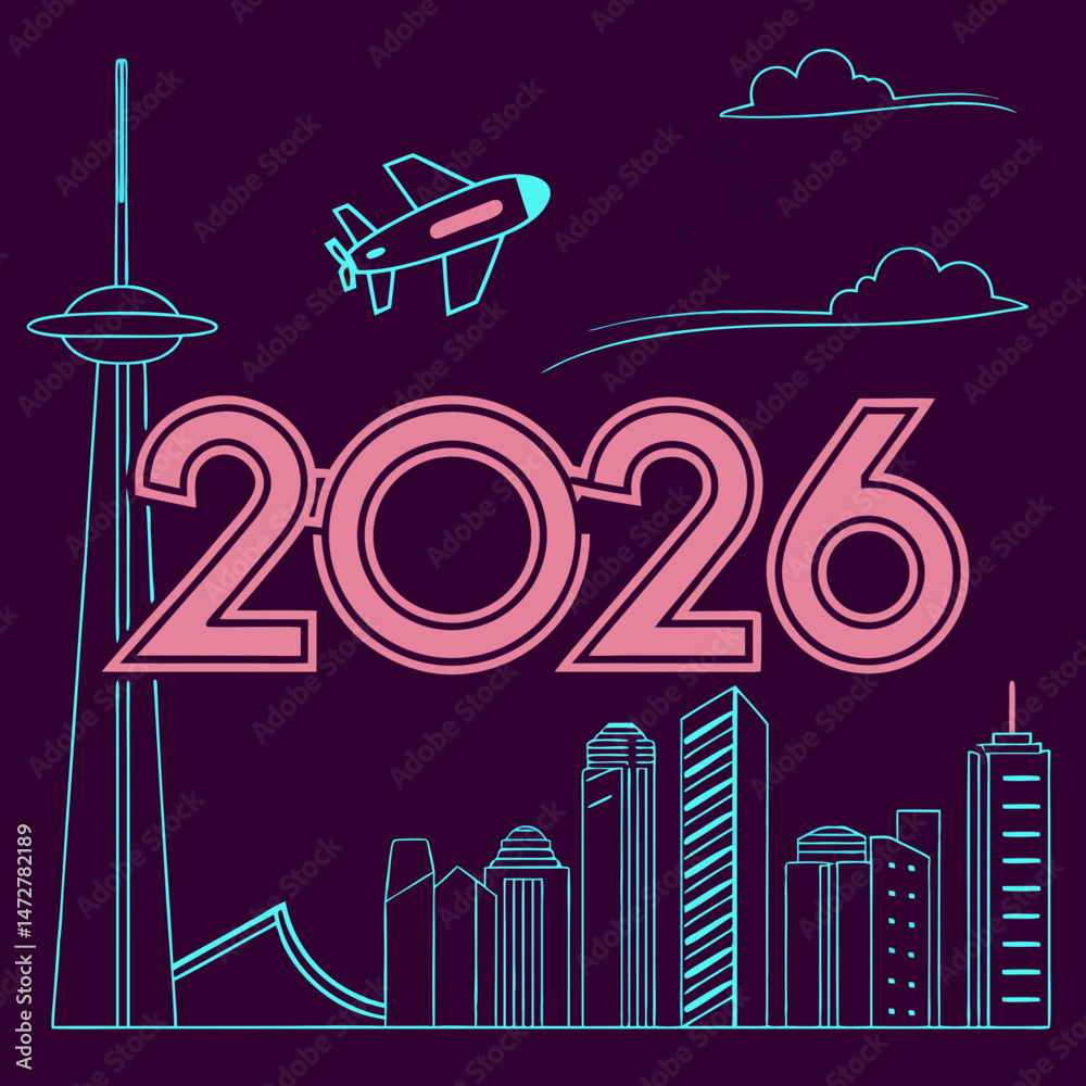未来都市と飛行機の2026年 / Year 2026 with futuristic city and airplane Stock ...