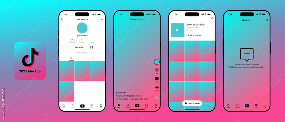 TikTok UI mockup template featuring video player, like, comment, share ...