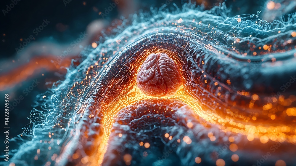 Ultra detailed cinematic cross section of pituitary hypothalamus axis medical diagram fused with ...