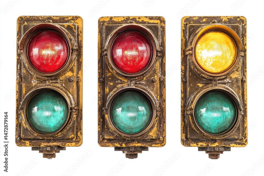Vintage traffic lights showing red, yellow, and green. Three antique ...