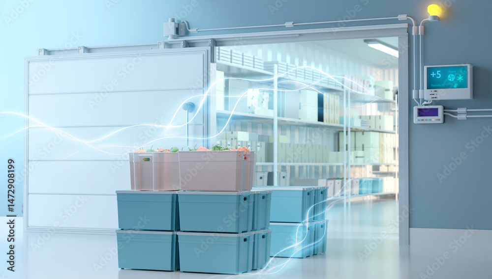 Climate-controlled storage room with crates of fresh produce, digital ...