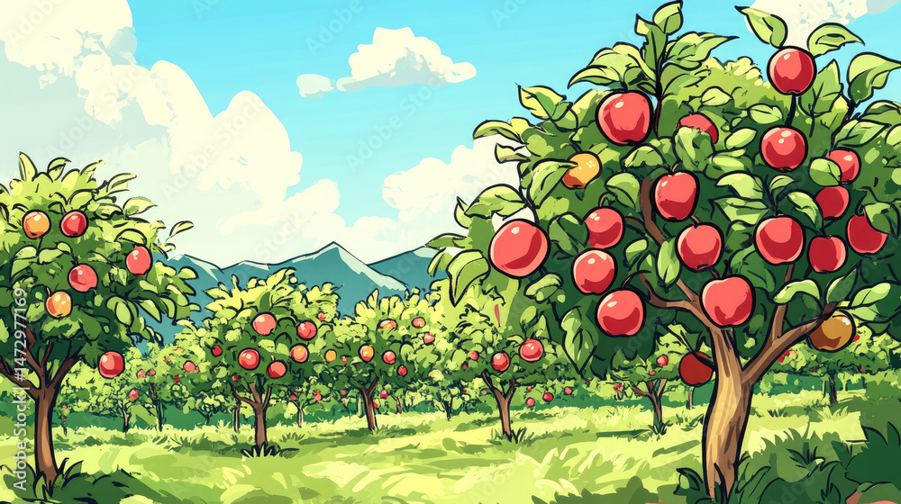 Vibrant apple orchard scene Stock Illustration | Adobe Stock