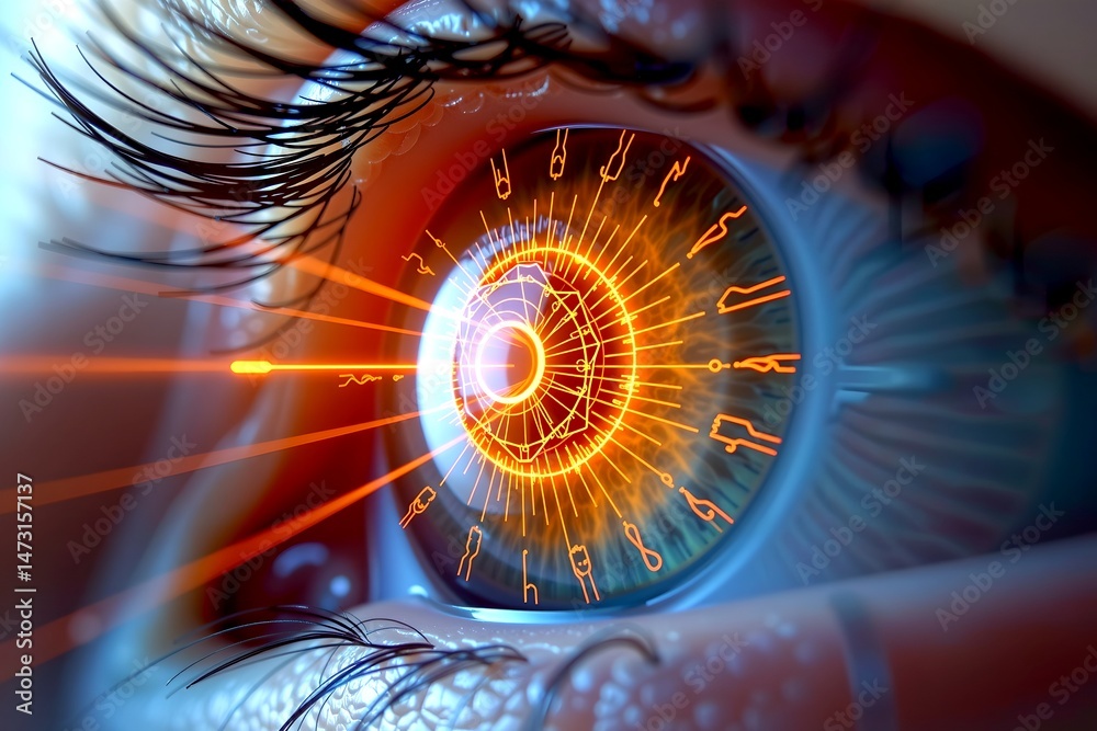 Foto de Stock "An AR eye anatomy breakdown, iris projecting a laser ...