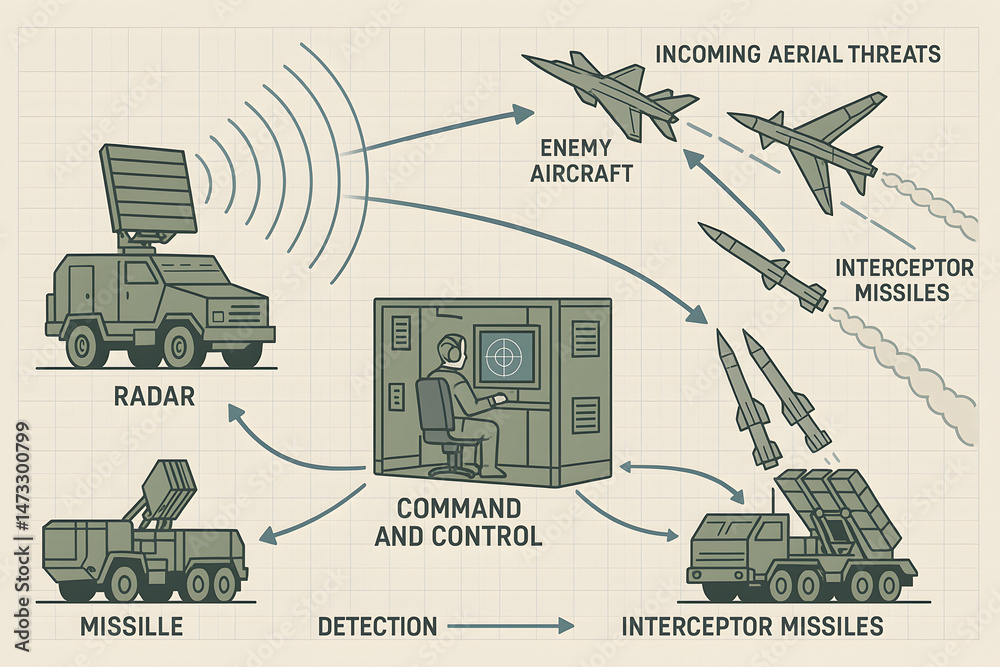 Ilustração Air Defense System Blueprint: Simplified Diagram of Command ...
