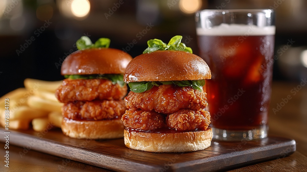 Two stacked crispy fried chicken sliders on toasted buns, served with ...