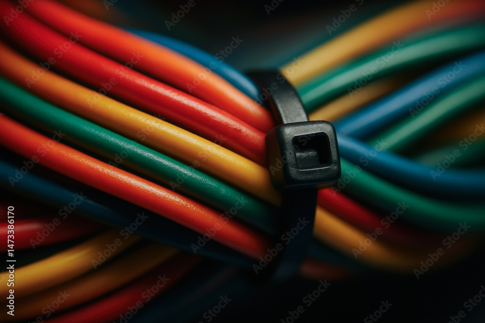 Stock-Foto „Cable bundle tied with black zip tie in industrial power ...