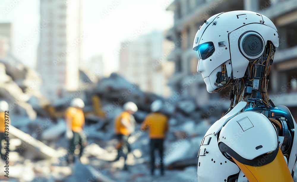 Advanced humanoid robot observing a disaster recovery scene with rescue ...