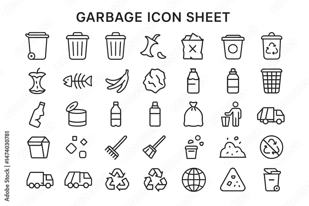 Garbage Icon Sheet: A comprehensive collection of simple line art icons ...