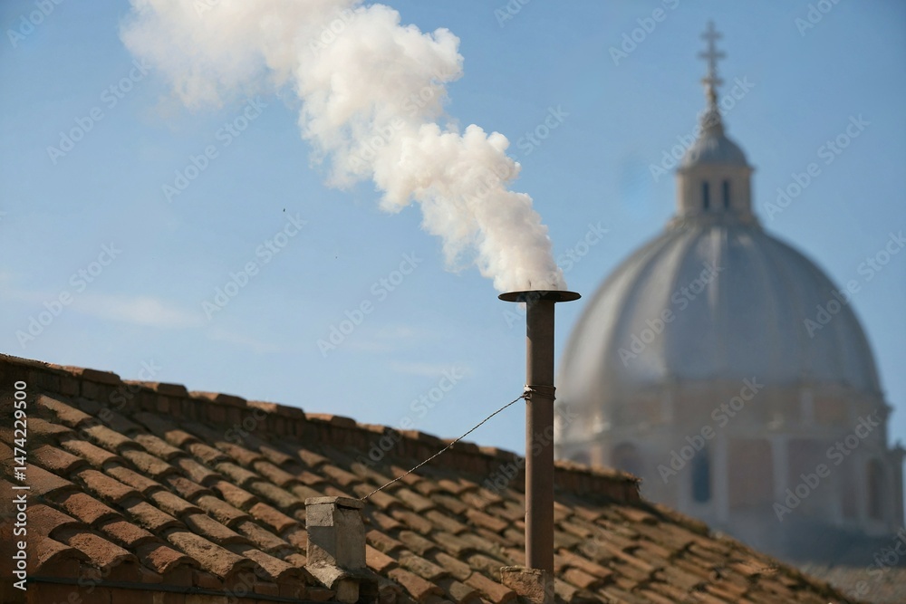 White smoke rises from the chapel chimney, indicating the successful election of a new pope ...