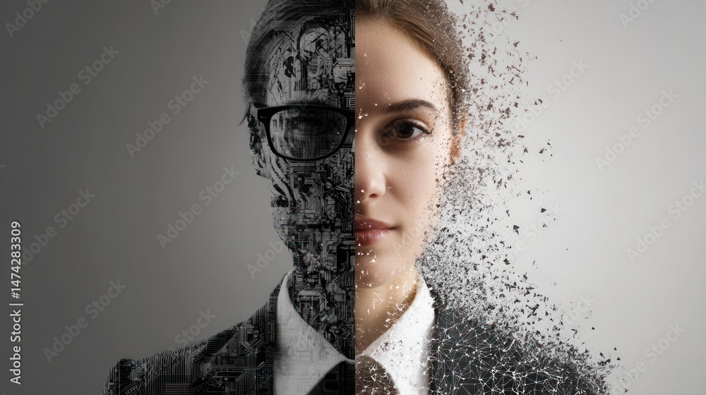Woman's face half human half robot with digital disintegration effect ...