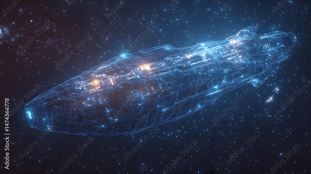 Futuristic spaceship navigates the cosmos, its wireframe structure ...