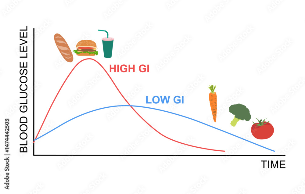 Glycemic index curve, blood glucose level, low and high carbohydrate ...