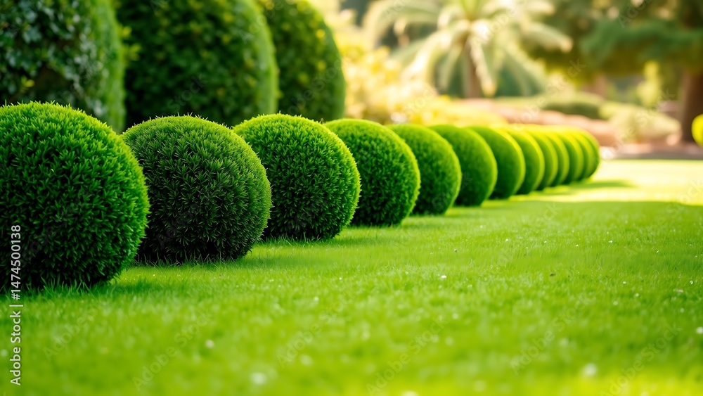 Boxwood bushes round shape in a formal park, ornamental garden hedge ...