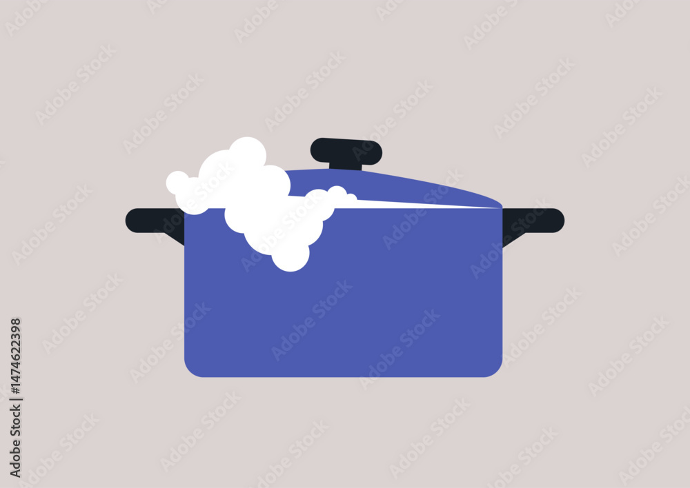 Hot water bubbles furiously in a vibrant sauce pan, creating a playful ...
