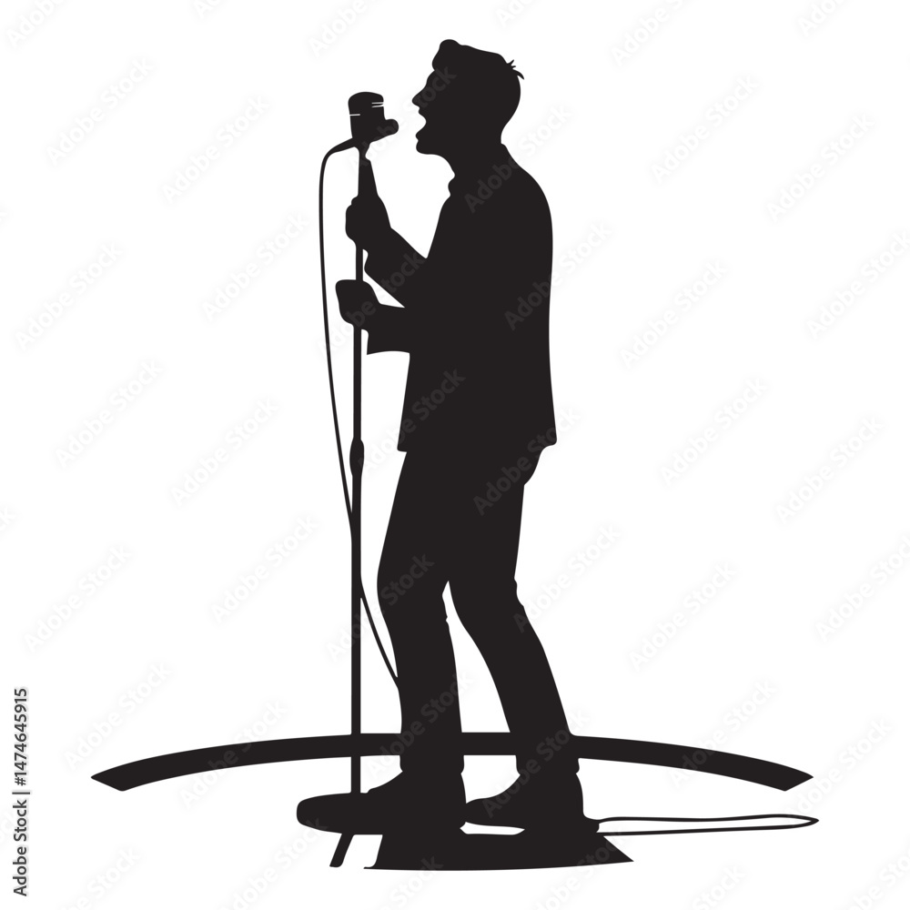 Man singer, man singing on mic, singer singing silhouette, vocalist singing to microphone Vector ...