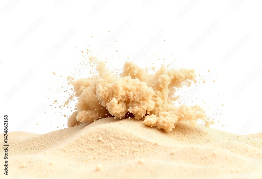 White background, slow motion sand explosion, granular texture, fine ...