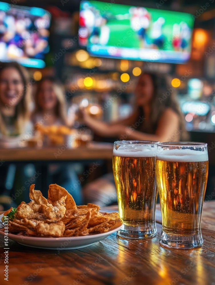 Glasses of beer and snacks in a lively bar scene with caucasian women ...