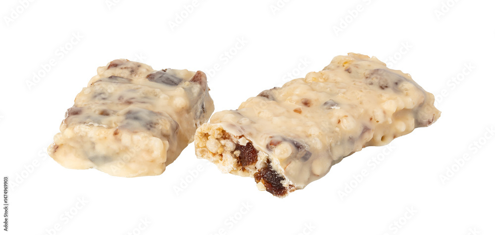 Broken protein bar with yogurt and puffed rice on transparent ...