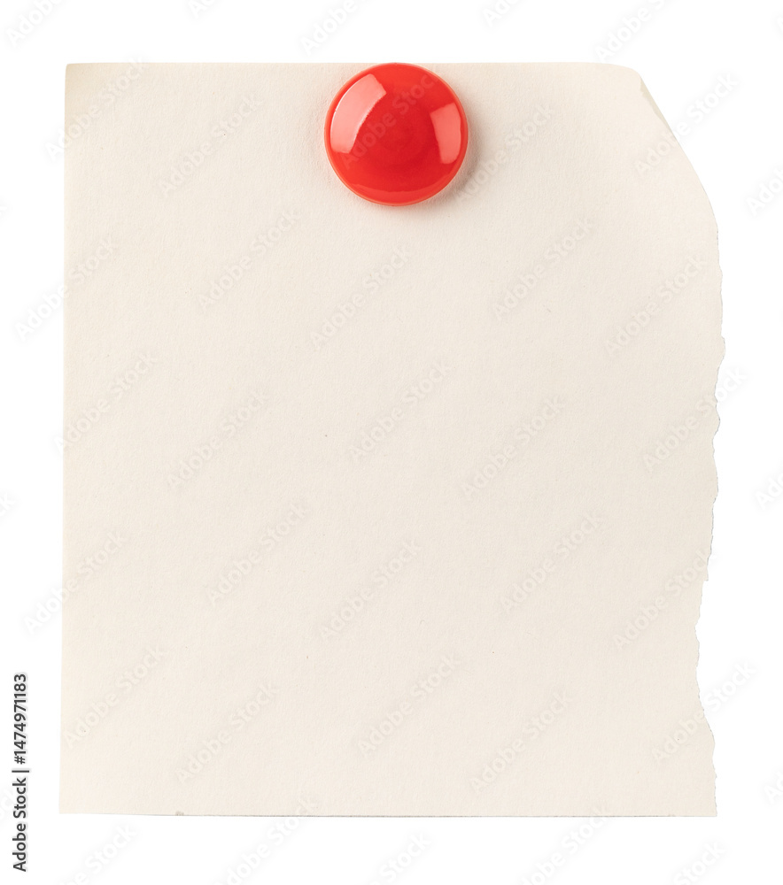 Blank white paper note with red push pin on transparent background ...