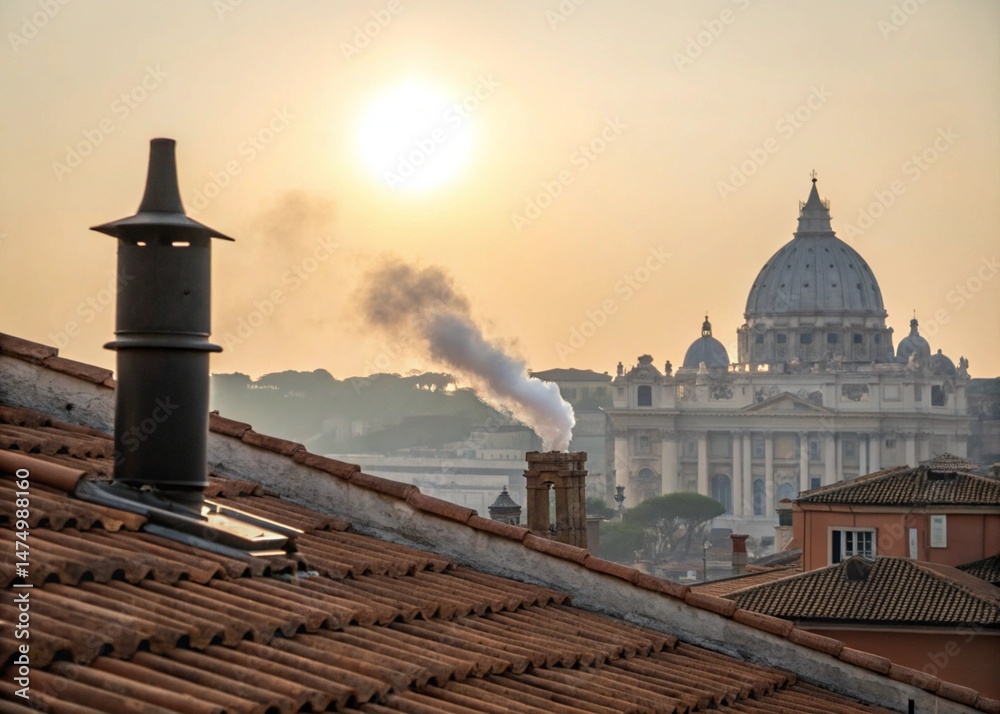 White smoke rises from the chapel chimney at sunset, signaling the ...