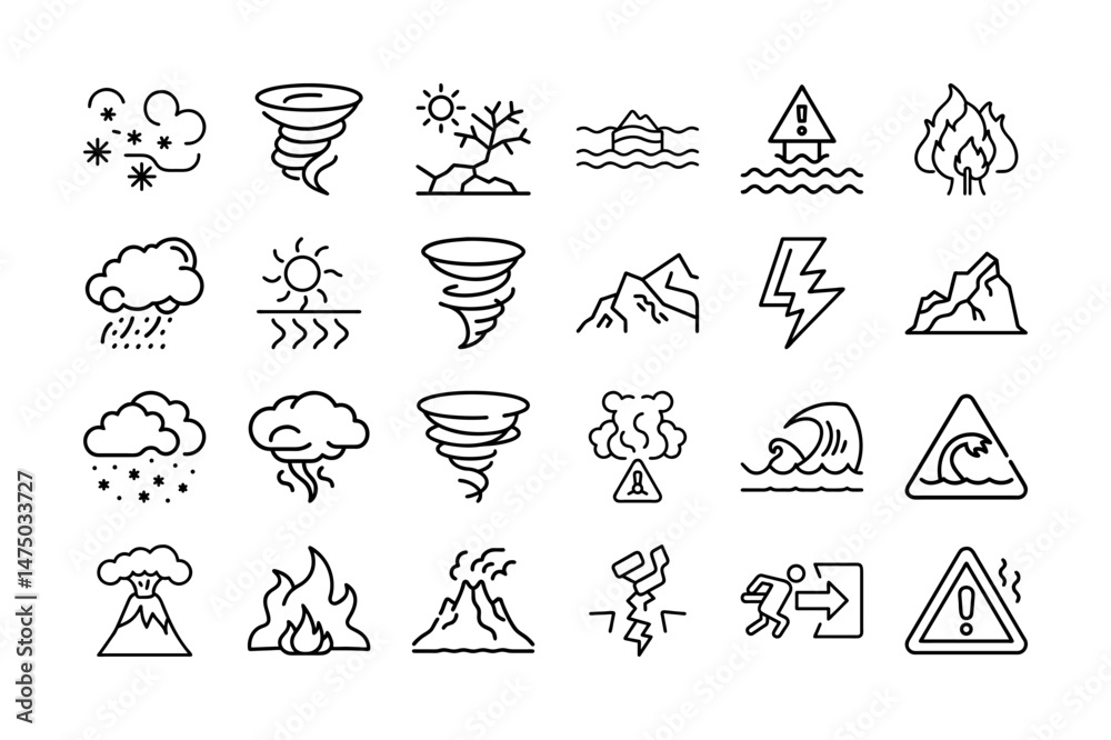 Disaster and Weather Hazard Line Icons Set of Emergency Alert Symbols ...