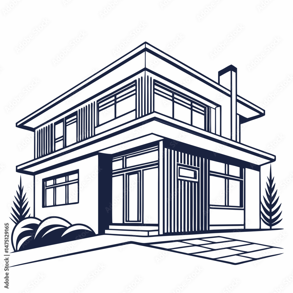 Vector outline drawing of a modern house for architecture, real estate ...
