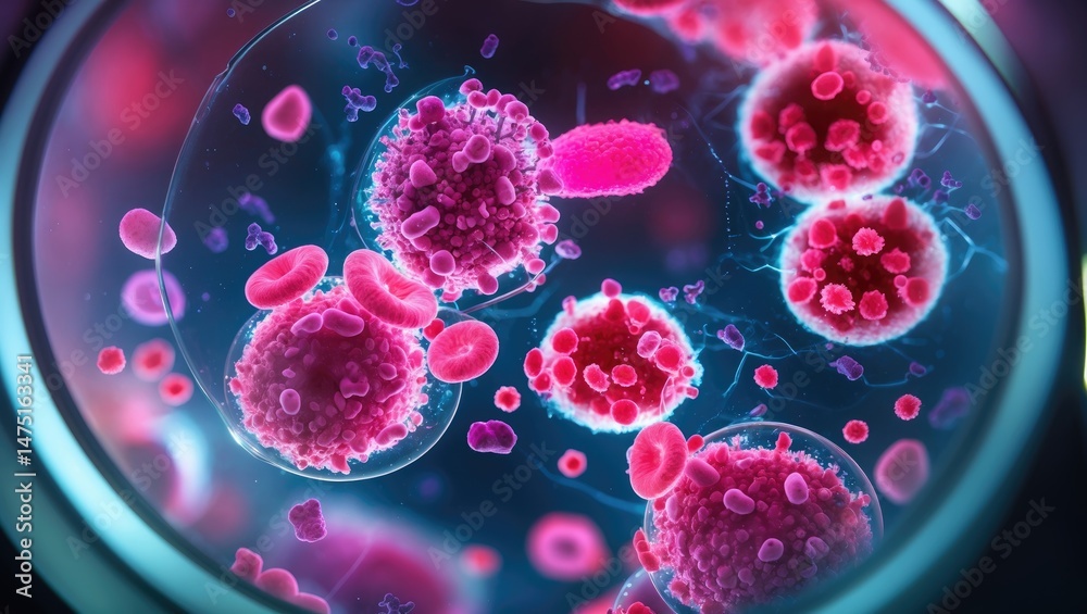 Light microscope view of stained smear with cocci bacteria, mucus, and ...