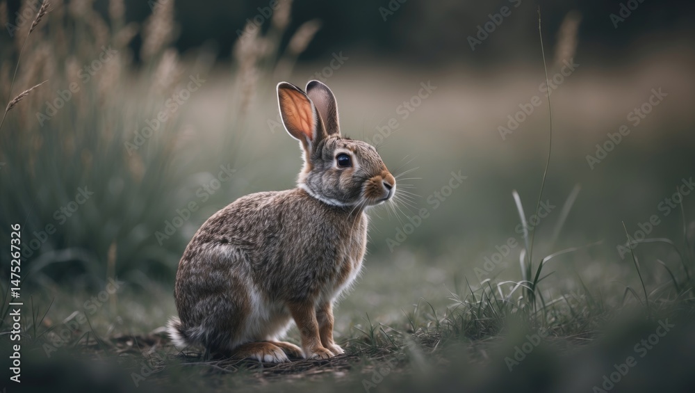 Adult oryctolagus rabbit sitting in grassland Stock Photo | Adobe Stock
