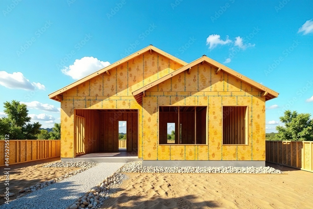 New home construction in progress, framing visible, blue sky ...