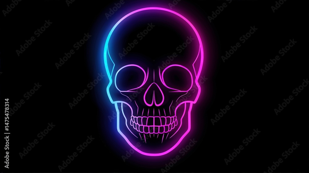 Neon Skull Design Glowing with Pink and Blue Lights on a Black ...