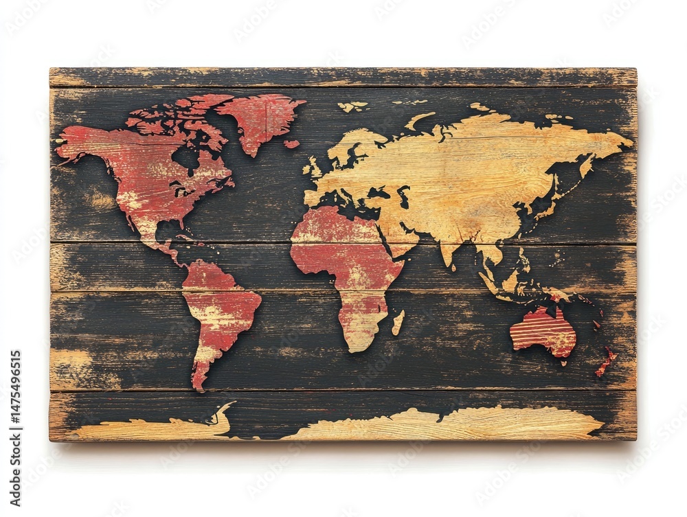 World map art on weathered wood with red continents and a black ...