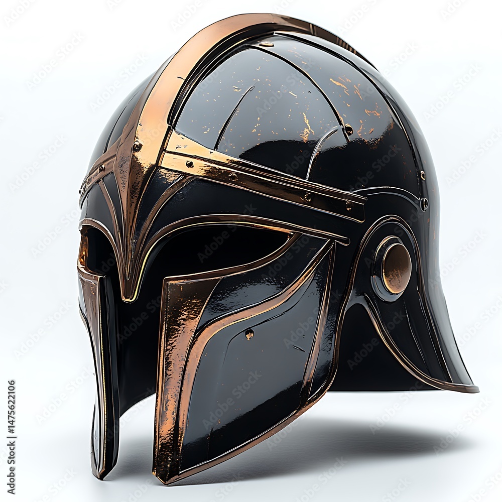 Historical battle helmet with elegant golden accents and black armor ...