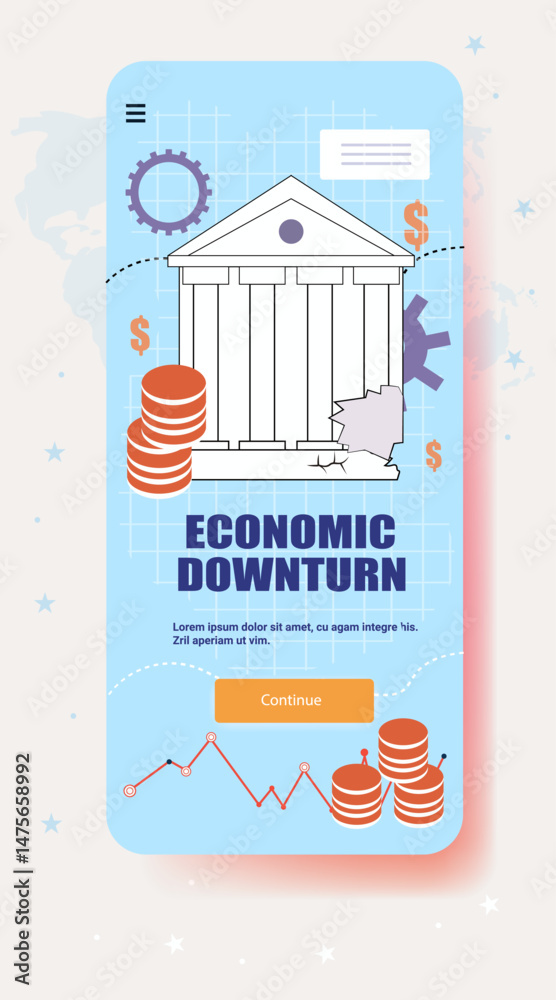Economic downturn crisis recession falling coins broken bank declining ...