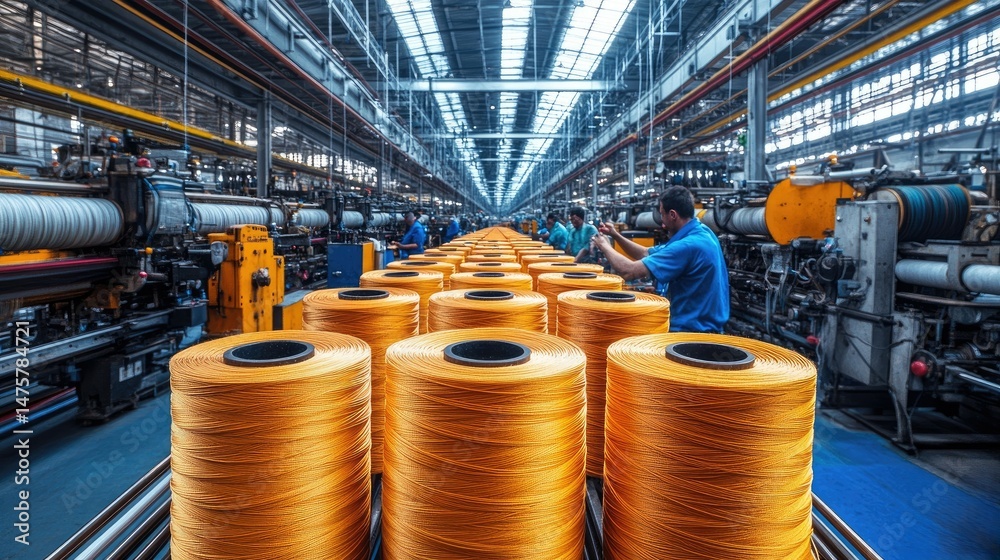 Large industrial textile factory. Workers operating machinery Stock ...