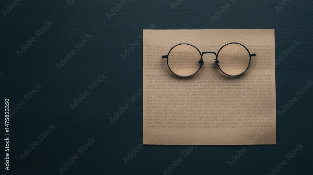 Round eyeglasses rest on a handwritten letter atop a dark surface ...
