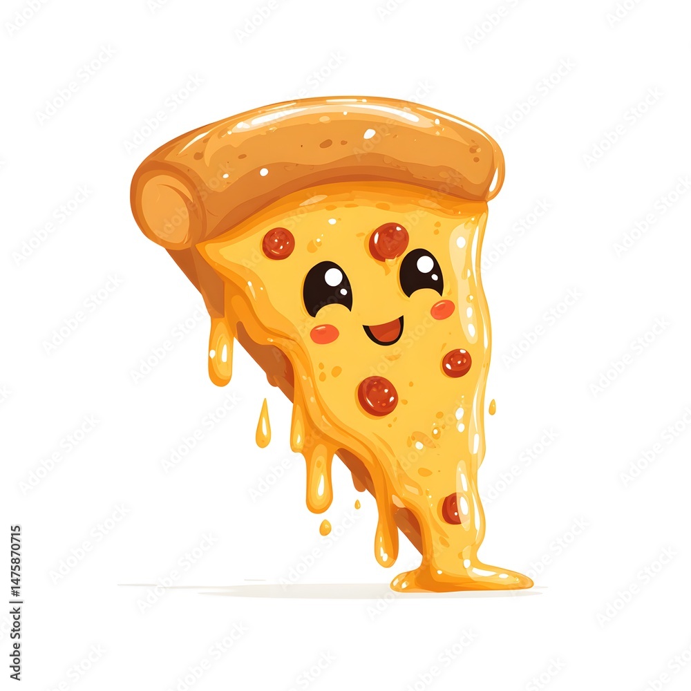 Cute pizza slice character with pepperoni, gooey cheese, and happy ...