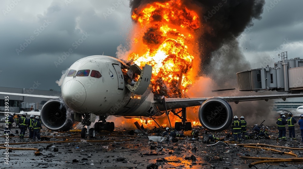 Emergency airplane explosion incident at airport dramatic scene ...