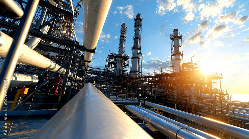 Gas refinery seen through realistic lens, rows of elevated pipelines ...