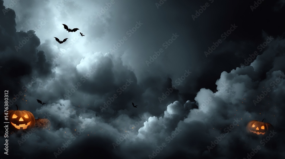 Spooky Halloween background with dark clouds bats pumpkins and eerie ...