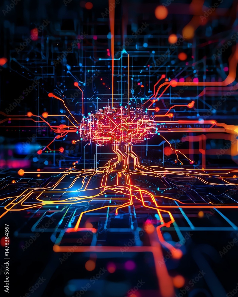 glowing neural layout, Abstract network representing artificial ...