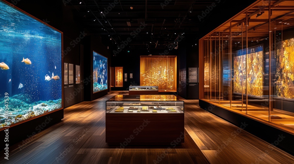 Modern museum exhibit with displays, aquariums, and artifacts Stock ...