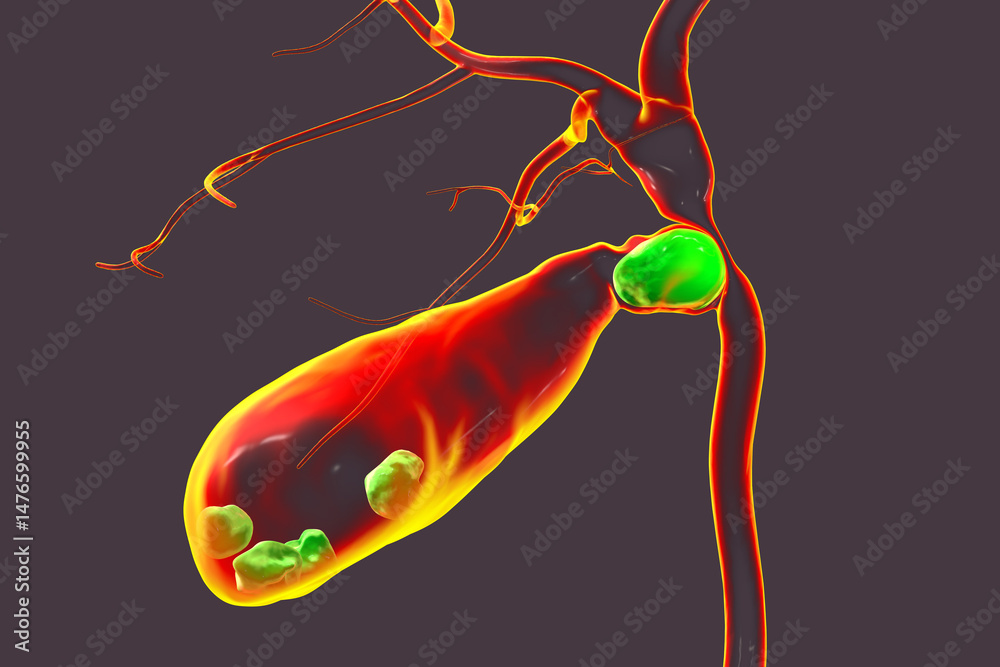 Mirizzi syndrome, 3D illustration showing compression of the common ...