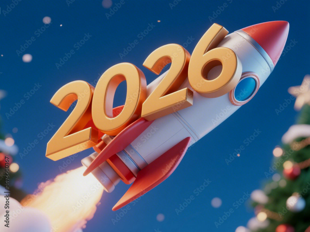 3D text 2026 year rocket launch New Year Christmas 3D rendering isolate ...