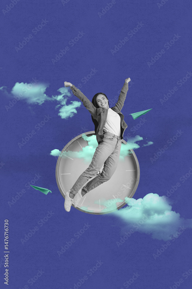 Surreal collage of happy jumping person on giant clock floating in sky ...