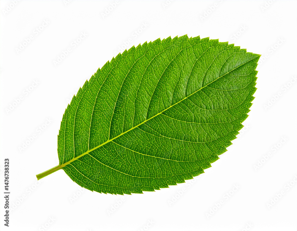 Just one vibrant green leaf placed deliberately on a stark white ...